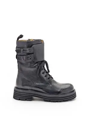 Lukure Hand-painted Kangaroo Leather Combat Lace-up Boots - Black