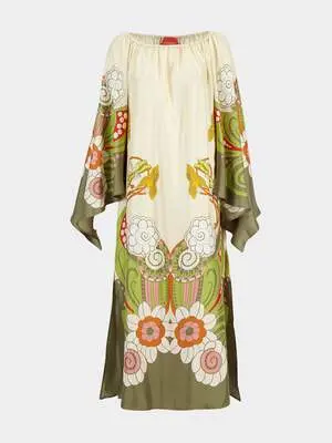 La DoubleJ Date Palms Placée Silk Midi Dress - Multicolour