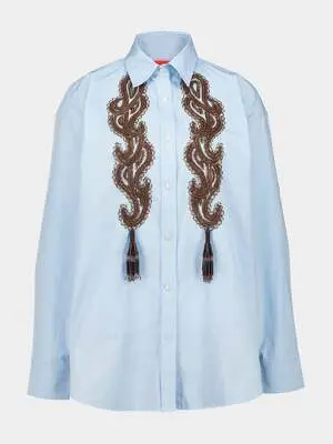 La DoubleJ Peony Placée Embroidered Cotton Boyfriend Shirt - Blue