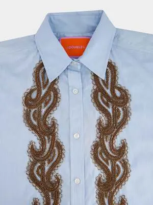 La DoubleJ Peony Placée Embroidered Cotton Boyfriend Shirt - Blue