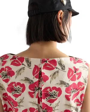 Prada Sleeveless Boat Neck Printed Dress With Bow Detail - Red