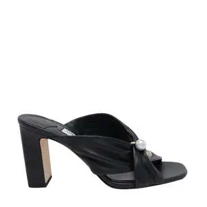 JIMMY CHOO Raffia Leather Block Heel Sandals - Black