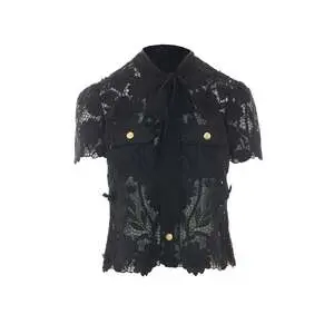 SELF-PORTRAIT Lace Tie Neck Short Sleeve Top - Black