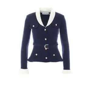 SELF-PORTRAIT Ribbed Knit Cardigan With Jewel Buttons And Belt - Blue