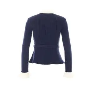SELF-PORTRAIT Ribbed Knit Cardigan With Jewel Buttons And Belt - Blue