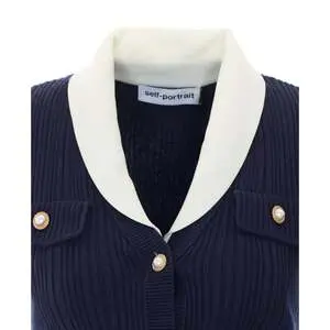 SELF-PORTRAIT Ribbed Knit Cardigan With Jewel Buttons And Belt - Blue