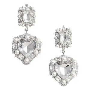 SELF-PORTRAIT Crystal Pearl Heart Earrings - Silver