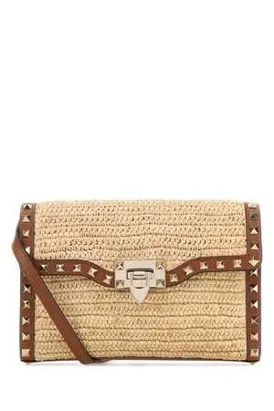Valentino Garavani VALENTINO GARAVANI Raffia Rockstud Crossbody Bag Brown