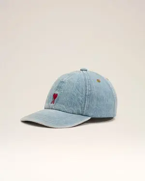 AMI Paris Denim Cotton Cap With De Coeur Embroidery - Blue