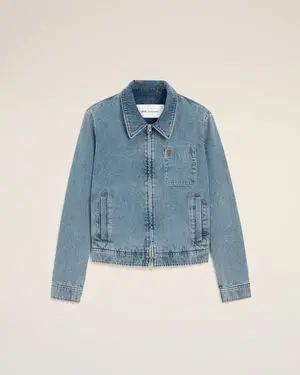 AMI Paris Cotton Contrasted Zipped Jacket With De Coeur - Blue