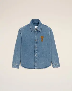 AMI Paris Indigo Denim Overshirt With De Coeur Patch - Blue