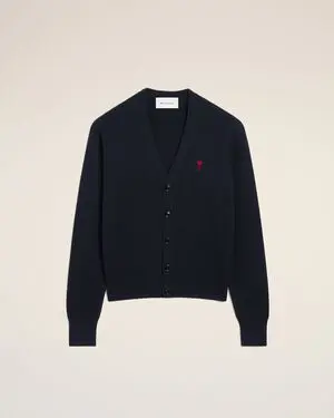 AMI Paris V-neck Wool Cardigan With De Coeur Embroidery - Navy/red