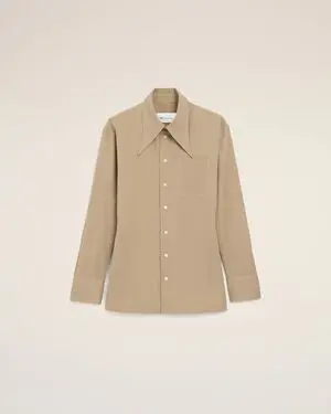 Ami Beige Cotton Sharp Collar Fitted Shirt - Taupe Beige