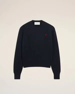 AMI Paris Crewneck Wool Sweater With De Coeur Embroidery - Navy/red