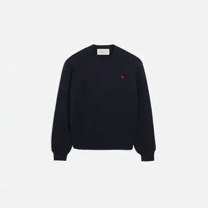 AMI Paris Blue Crewneck Wool Sweater With De Coeur Blue - Navy/red
