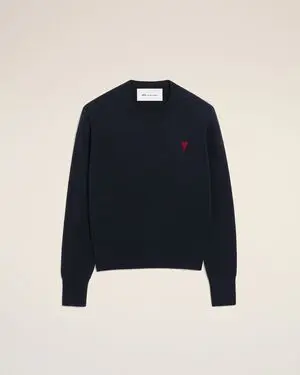 AMI Paris Crewneck Wool Sweater With De Coeur Embroidery - Navy/red
