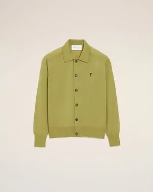 Ami Green Wool Cardigan With De Coeur Embroidery - Matcha/black