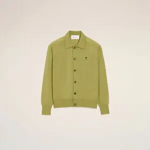 AMI Paris Green Wool Cardigan With De Coeur Embroidery - Matcha/black