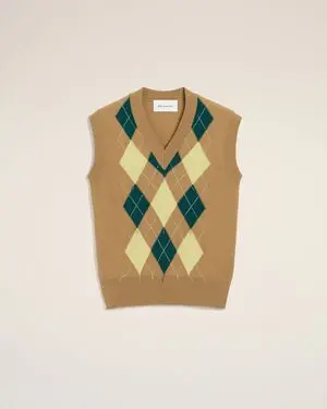 Ami Brown Wool And Cotton Argyle Intarsia Sleeveless Sweater Beige - Camel/yellow/green