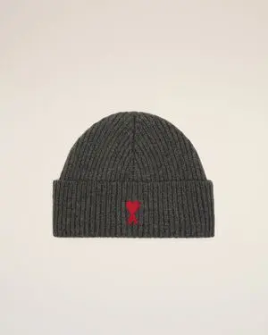 AMI Paris AMI Paris Wool Beanie With Ami De Coeur Patch Heather Grey/red