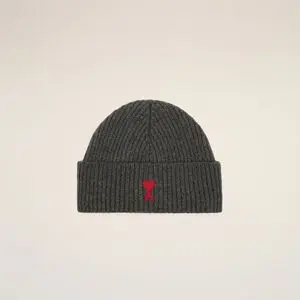 AMI Paris Wool Beanie With De Coeur Patch - Heather Grey/red