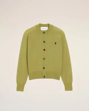 AMI Paris Green Wool Crewneck Cardigan With De Coeur Embroidery