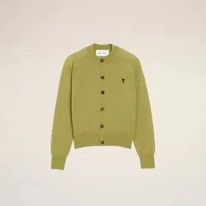 AMI Paris Green Wool Crewneck Cardigan With De Coeur Embroidery