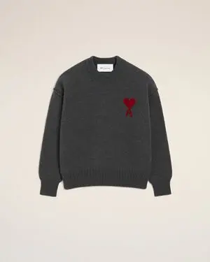 AMI Paris Grey Crewneck Wool Sweater With De Coeur Appliqu - Heather Grey/red