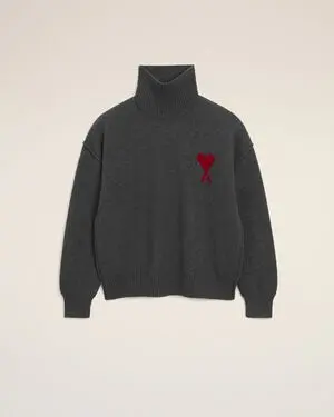AMI Paris Grey Funnel Neck Wool Sweater With De Coeur