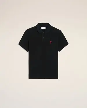 AMI Paris Cotton Polo Shirt With De Coeur Embroidery - Black