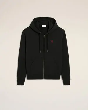 AMI Paris Zipped Cotton Hoodie With De Coeur Embroidery - Black