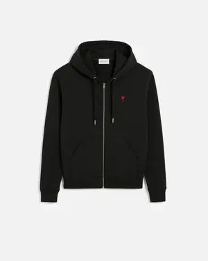 AMI Paris Zipped Cotton Hoodie With De Coeur Embroidery - Black