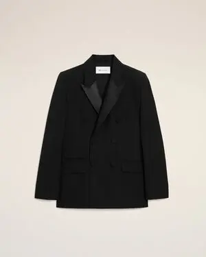 AMI Paris Double Breasted Wool Jacket With Satin Lapel - Black
