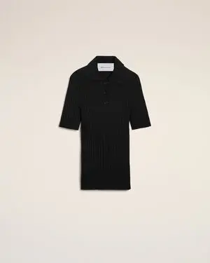 AMI Paris Ribbed Knit Short Sleeve Polo - Black
