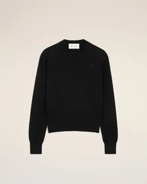 AMI Paris Black Wool Sweater With De Coeur Embroidery - Black/red
