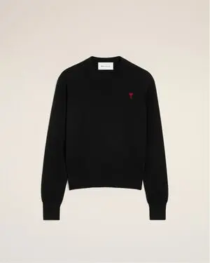 AMI Paris Ami Black Wool Crewneck Sweater With De Coeur Embroidery Black/red