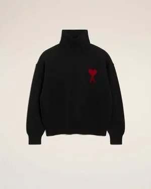 AMI Paris Black Wool Funnel Neck Sweater With De Coeur Detail