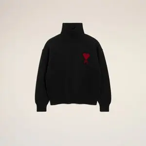 AMI Paris Black Wool Funnel Neck Sweater With De Coeur Detail