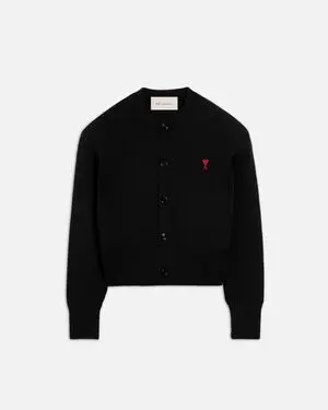 AMI Paris Crewneck Wool Cardigan With De Coeur Embroidery - Black/red