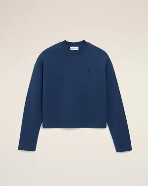 AMI Paris Cropped Cotton Sweatshirt With De Coeur Embroidery - Ink