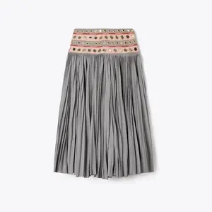 Tory Burch Mirror Embellished Pleated Cotton Skirt - Gray/pink