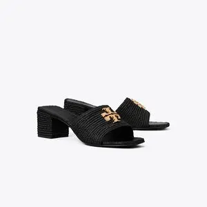 Tory Burch Eleanor Raffia Heeled Sandal - Black/gold