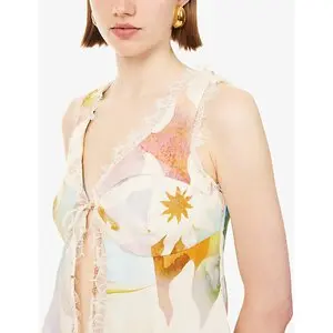 NEVER FULLY DRESSED Sleeveless Printed Woven Top With Lace Trims