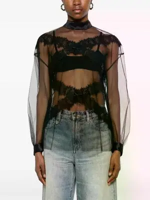 Viktor & Rolf Sheer Tulle Lace Trim High Neck Blouse