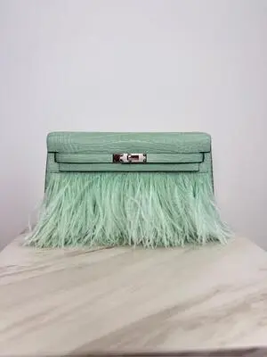Hermès Kelly Folie Vert Deau Matte Porosus Palladium Hardware - Green
