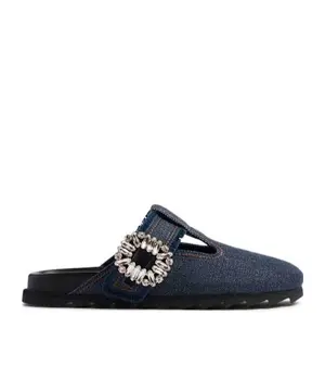 ROGER VIVIER Slidy Viv Denim Mules With Embellished Buckle - Black