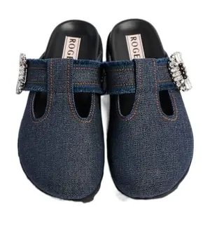 ROGER VIVIER Slidy Viv Denim Mules With Embellished Buckle - Black