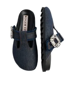 ROGER VIVIER Slidy Viv Denim Mules With Embellished Buckle - Black