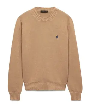 Prada Logo Embroidered Cotton Crew Neck Jumper - Camel Brown