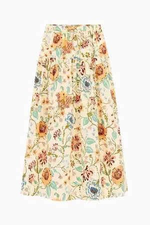 Ulla Johnson Theodora Floral Cotton Tiered Midi Skirt - Abalone